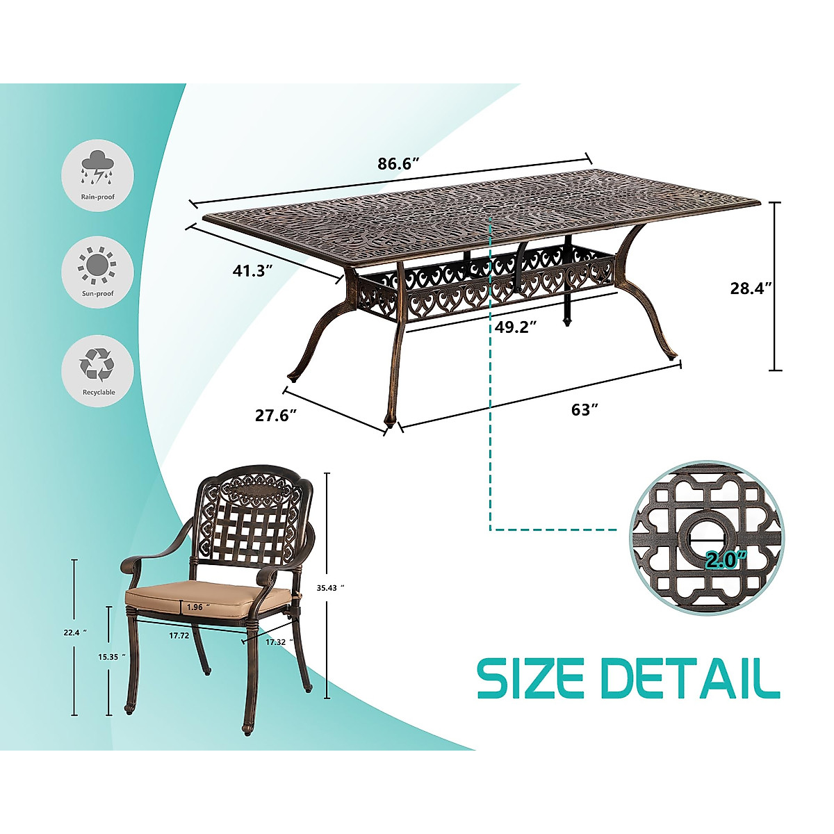 TITIMO 9-Piece Cast Aluminum Patio Furniture Set, Outdoor Dining Set Bistro Conversation Set, 8 Chairs and Rectangle Dining Table with Cushions and Umbrella Hole (8 Stackable Chairs)