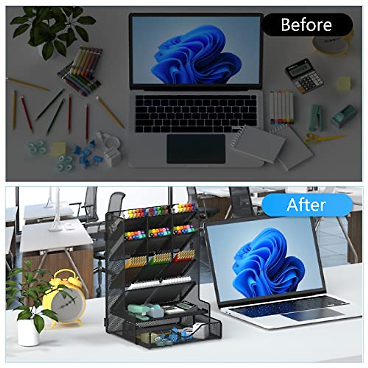 BOHDK Pen Organizer for Desk, Multi-Functional Desk Organizer, Wall Mount Pen Holder with Drawer for School, Office, Home, Art Supplies, Black