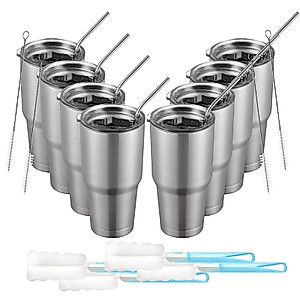 COMOOO 30 oz Stainless Steel Tumbler Bulk with Lid and Straw Insulated Tumbler Coffee Cup Durable Double Wall Vacuum Travel Coffee Mug Thermal for Hot and Cold Drinks (Silver, 8 Pack)