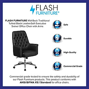 Flash Furniture Hansel Mid-Back Traditional Tufted Black LeatherSoft Executive Swivel Office Chair with Arms