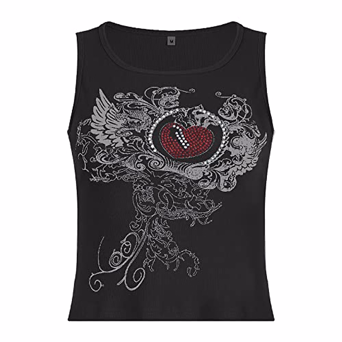 Meladyan Women Heart Rhinestone Graphic Print Sleeveless Crop Tank Ribbed Fairy Grunge 90s E-Girl Goth Vest Shirt Top Small