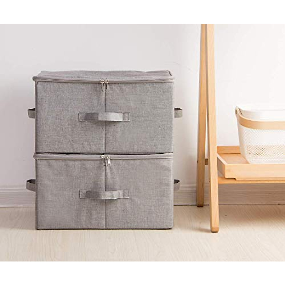 iwill CREATE PRO Folding Storage Box with Zip Lid and Handles, Storage Basket With Linen Fabric, Closet Shelf Drawers,Dark Gray, 2 pcs