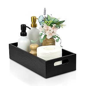 Black Bathroom Basket Organizer - Ash Wood Toilet Tank Paper Basket with Handle for Organizing - Back of Toilet Storage Organizer for Bathroom Tank Topper Counter - Black Bathroom Decor Box