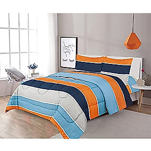 Sapphire Home 3 Piece Full Size Comforter Set with Shams, Blue Orange Gray Stripes Print Multicolor Boys Kids Girls Teen Comforter Bed Cover, (Kids Stripe, F, 3pc)