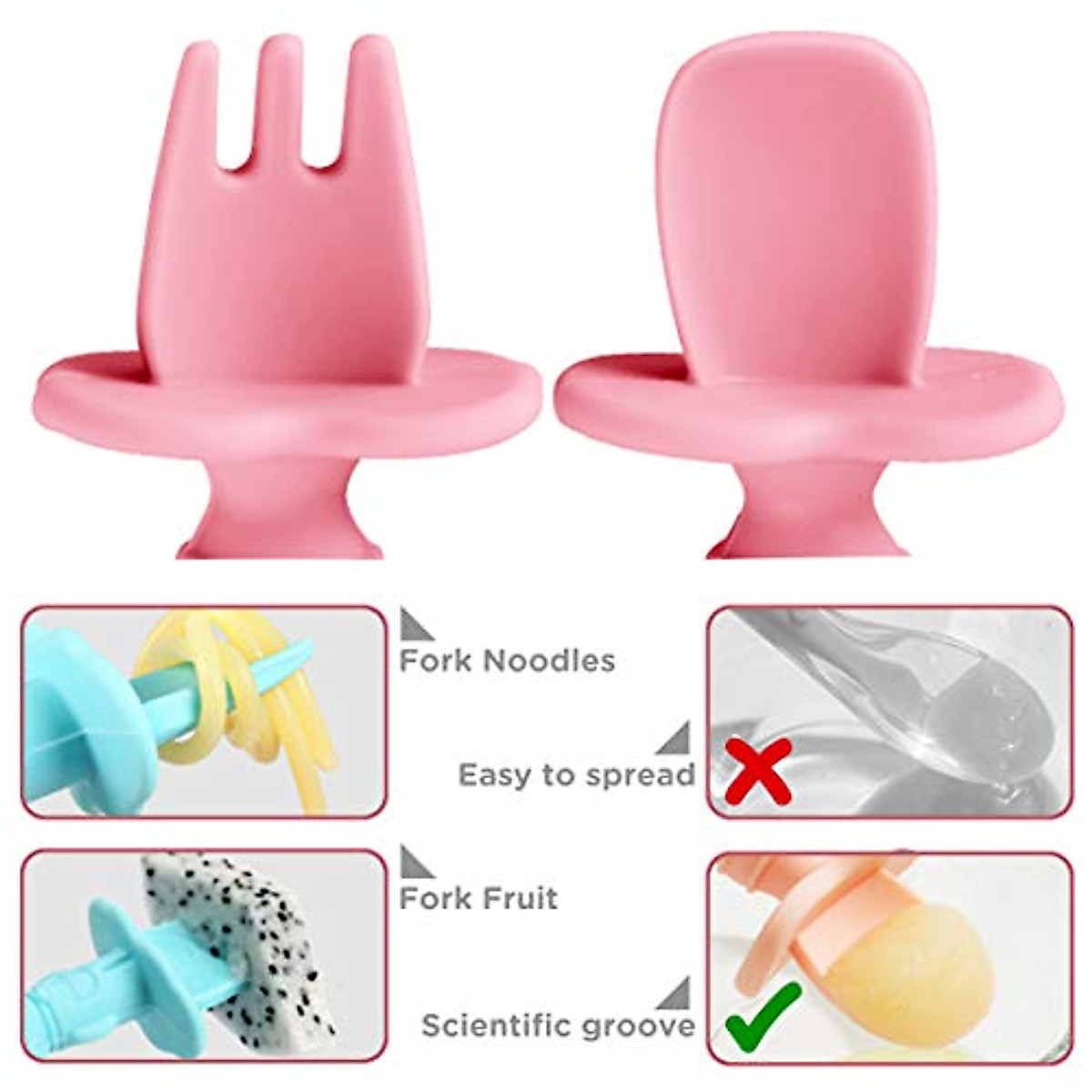 Baby Fork and Spoon Set, Silicone Self Feeding Utensil Easy Grip Toddler Cutlery Kit with Carry Case BPA-Free Anti-Choke for Infant Toddler Children First Led Training Weaning, 6-12 Month (Pink)