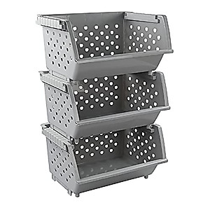 Easymanie 3 Pack Plastic Stackable Baskets, Open Front Stacking Storage Bins
