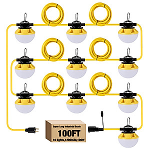 G GJIA 100FT Construction String Lights 100W 12000LM, Industrial Grade LED String Work Lights for Construction Sites, Temporary Work, Jobsites, Outdoor Lighting, with 10 Bulbs & Hooks