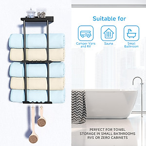 RRM Towel Racks for Bathroom, 3 Tier Wall Towel Holder, Metal Wall Towel Rack Mounted Towel Storage Towel Storage with 3 Tier Metal Shelf and 6 Hooks for Small Bathroom (Matte Black)