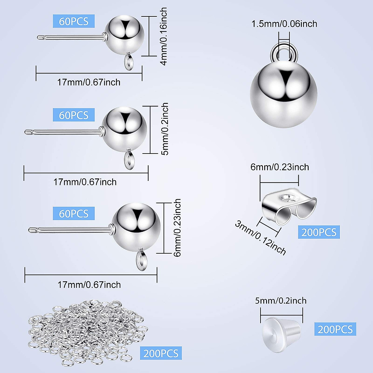 780 Pieces 3 Sizes Ball Post Earring Studs with Loop 4 mm 5 mm 6 mm Round Ball Earring Posts, Butterfly Earring Backs, Silicone Clear Earring Backs, Open Jump Rings for DIY Jewelry (Silver)