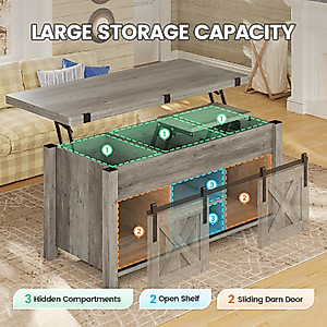 SEDETA Lift Top Coffee Table, 4 in 1 Multi-Function Convertible Coffee Tables with Storage and Hidden Compartment, Farmhouse Coffee Table Converts to Dining Table for Living Room, Grey