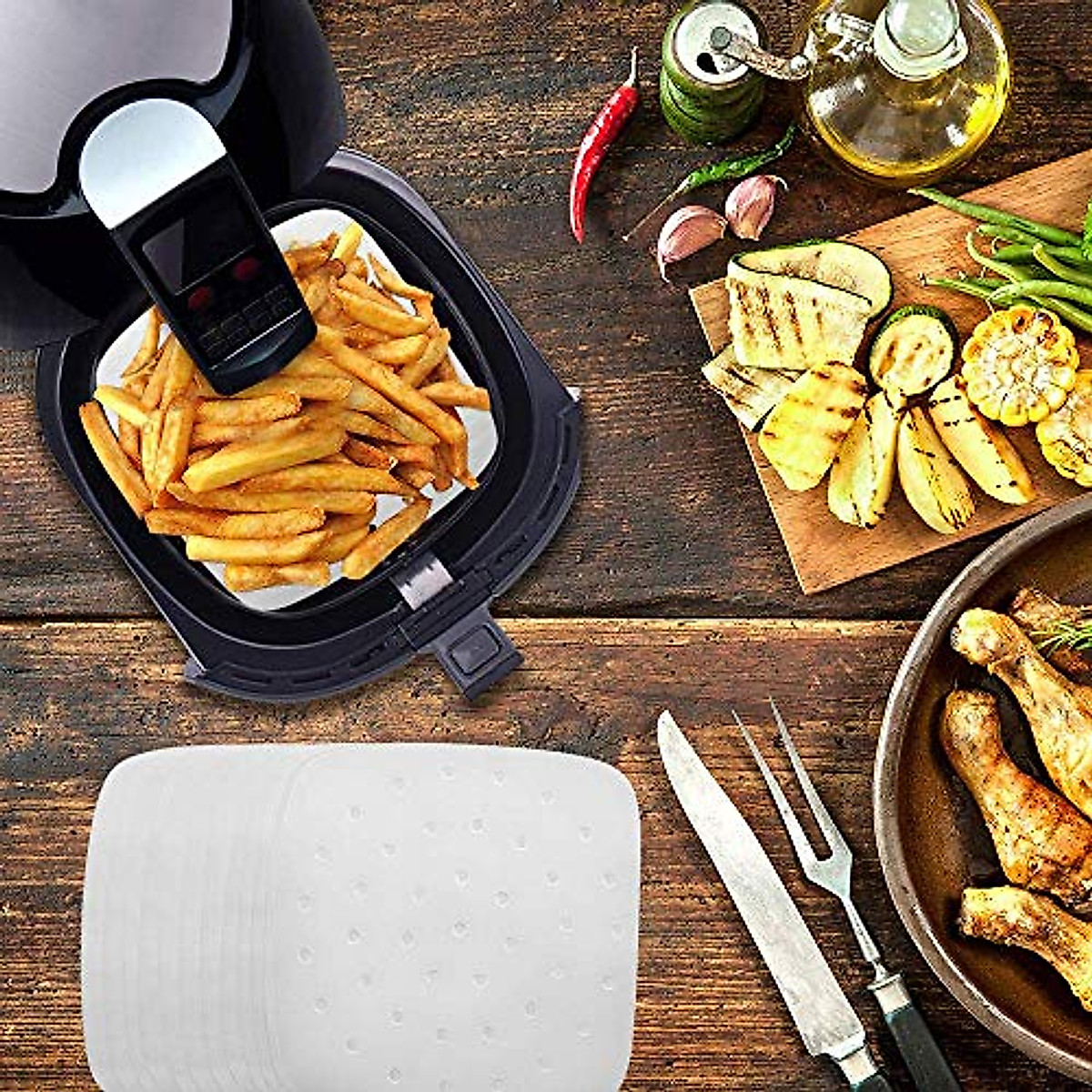 Air Fryer Liners - 7.5 Inches, 100pcs Premium Perforated Parchment Paper Compatible with Philips, Cozyna, Secura, NuWave Brio, Chefman, GoWISE USA, BLACK+DECKER, COSORI and More Air fryers