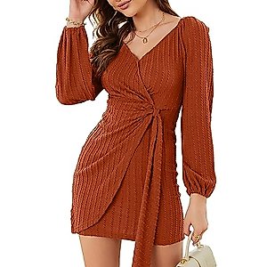Dokotoo Dresses for Women 2023 Wrap V Neck Long Sleeve Asymmetrical Ribbed Knit Tie Waist Casual Slim Fit Mini Party Wedding Guest Bodycon Sweater Dress Fall Fashion Clothes Red Large