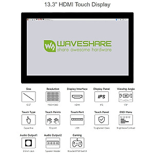 waveshare 13.3inch Capacitive Touch Screen LCD Compatible with Raspberry Pi 4B/3B+/3A+/2B/B+/A+/Zero/Zero W/WH/Zero 2W CM3+/4 1920×1080 Resolution HDMI IPS Supports Jetson Nano/Windows
