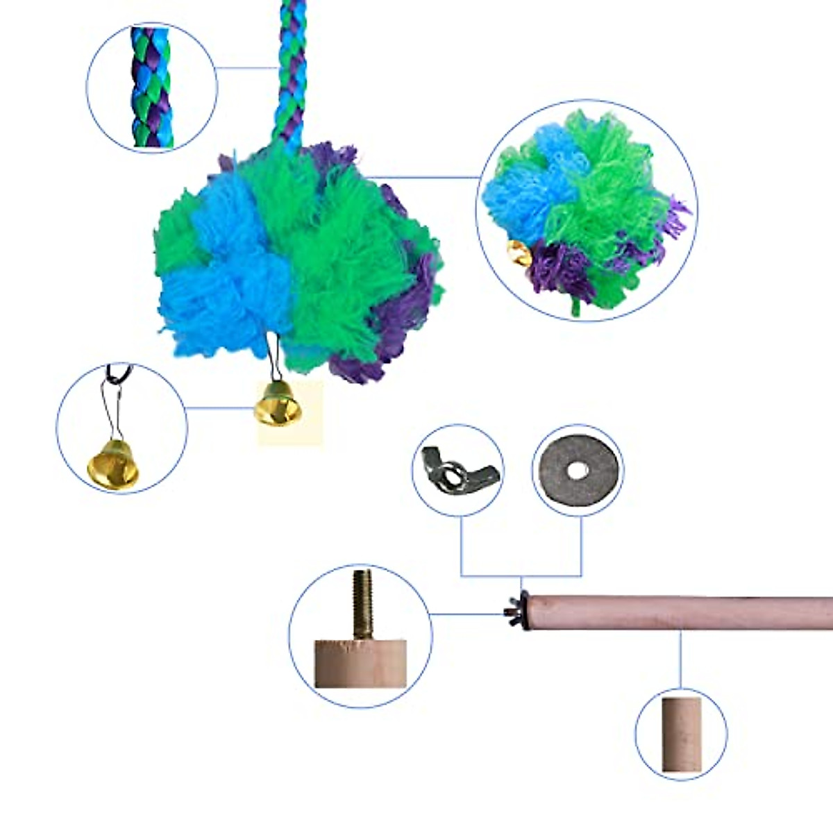 matafat 59Inch Bird Rope Perch,Bird Toys,1Pcs Bird Rope Stand & 3Pcs Wooden Bird Perch for Parakeets Cockatiels, Conures, Macaws, Lovebirds, Finches