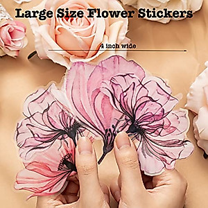 LakoArt 80 Pieces Large Size Transparent Waterproof Flower Stickers Set, Decorative Floral Clear Vinyl Wall Decals for Planner Scrapbook Aesthetic Room Decor Junk Journal Bullet Journals Collage