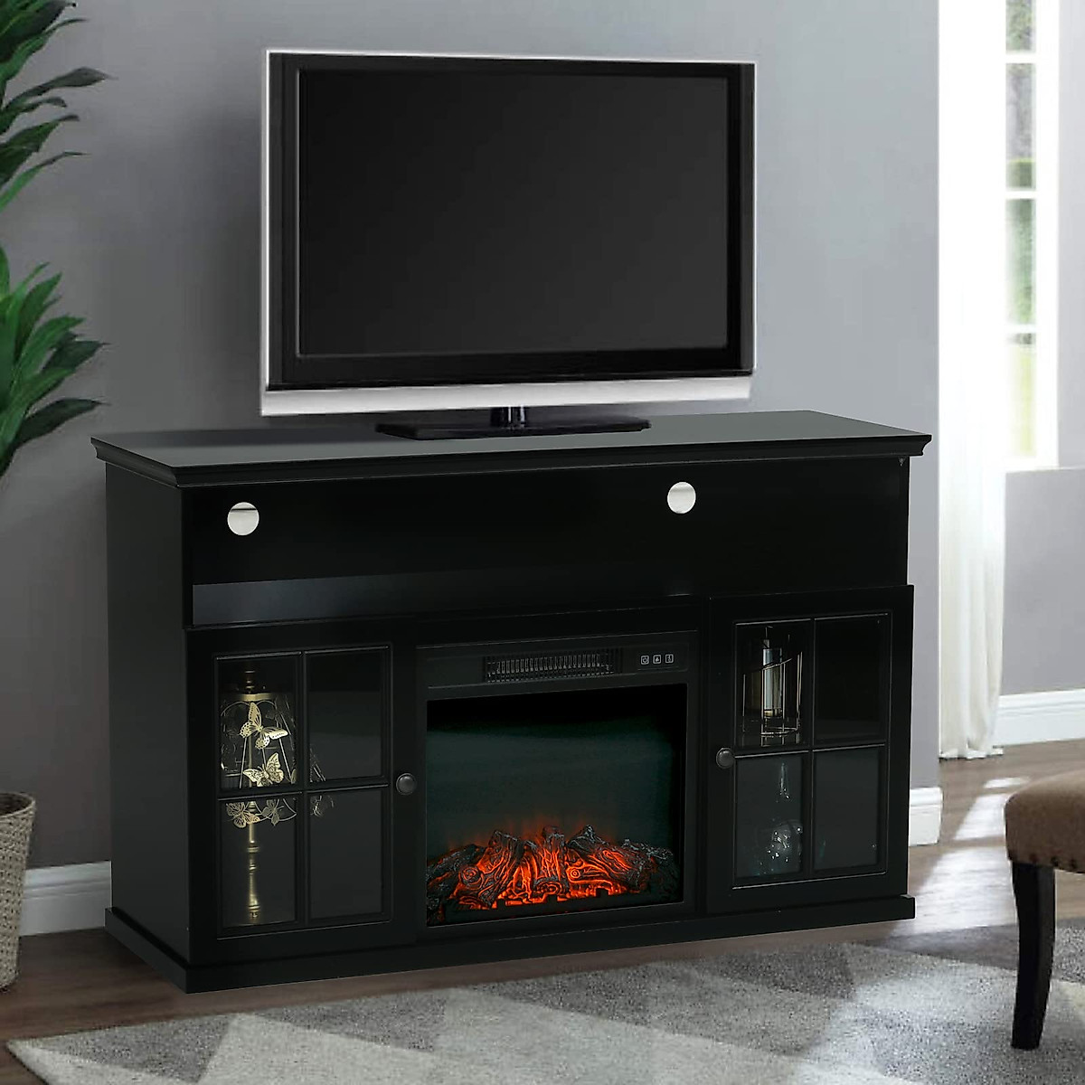 Sophia & Willia Home Electric Fireplace Heater Cabinet with 18" Insert Fireplace 1400W/4780 BTU, Living Room Media Entertainment Center TV Stand to 55" TV, Black