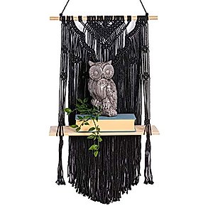 KALTEK Black Macrame Shelf with Flower Design | Boho Style with Floating Wood Shelf | Beautiful Handmade Black Macrame Shelf for Hanging Plants and Decor | Boho Wall Decor with Macrame Rope Shelving