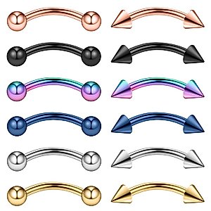 Ruifan 12PCS Assorted Colors Eyebrow Piercing Jewelry Curved Barbell with Balls&Spikes Kit Eyebrow Tragus Lip Ring 16g 16 gauge 10mm