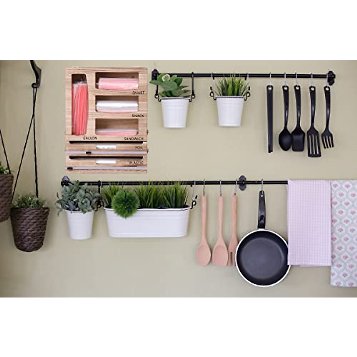 Food Container Sets, wooden zipper bag organizer and pack, dispenser with cutter, Food Storage Bag Holders Compatible With Wrap, Wax, Foil,