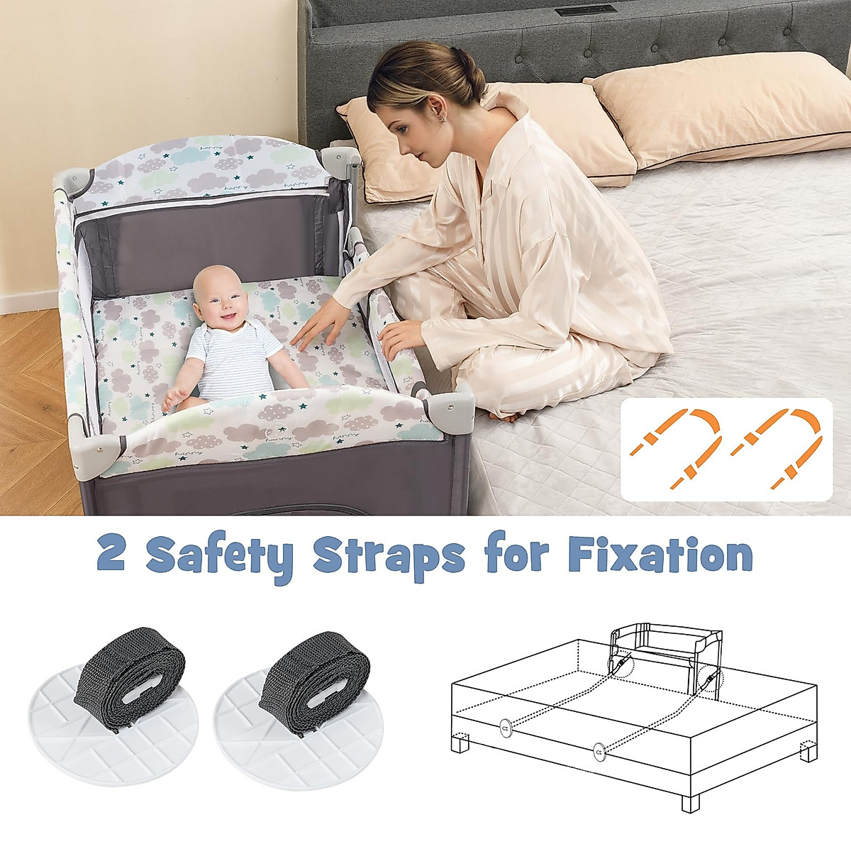 BABY JOY 5-in-1 Pack and Play, Portable Baby Bedside Sleeper with Bassinet, U-Shaped Diaper Changer, Safety Strap, Side Zipper Entrance, Hangings, Bedside Crib Playard from Newborn to Toddlers (Gray)