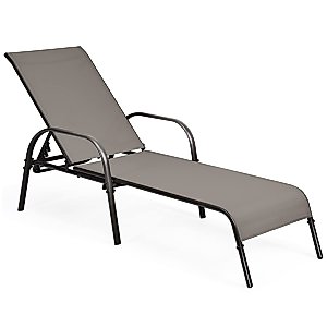 COSTWAY Outdoor Patio Lounge Chair Chaise Fabric Adjustable Reclining Armrest Pool Brown
