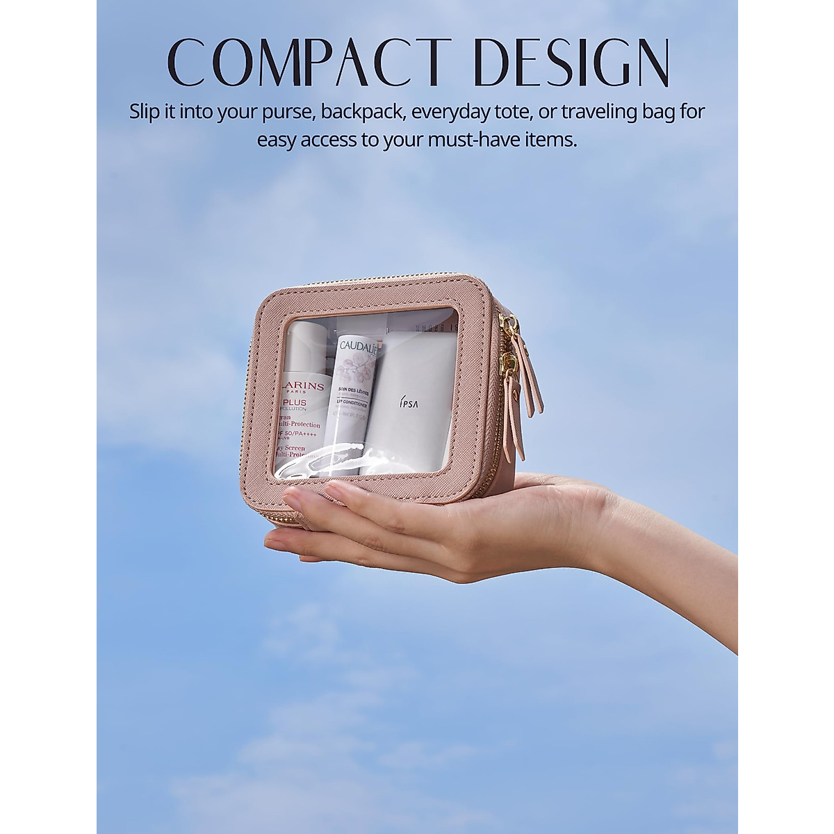 Small Makeup Bag for Purse Mini Cosmetic Bag Clear Pink Square Pouch for School Cute Leather Make Up Case Travel Organizer for Backpack Tiny Toiletry Bag with Zipper for Car Essentials Women Girls