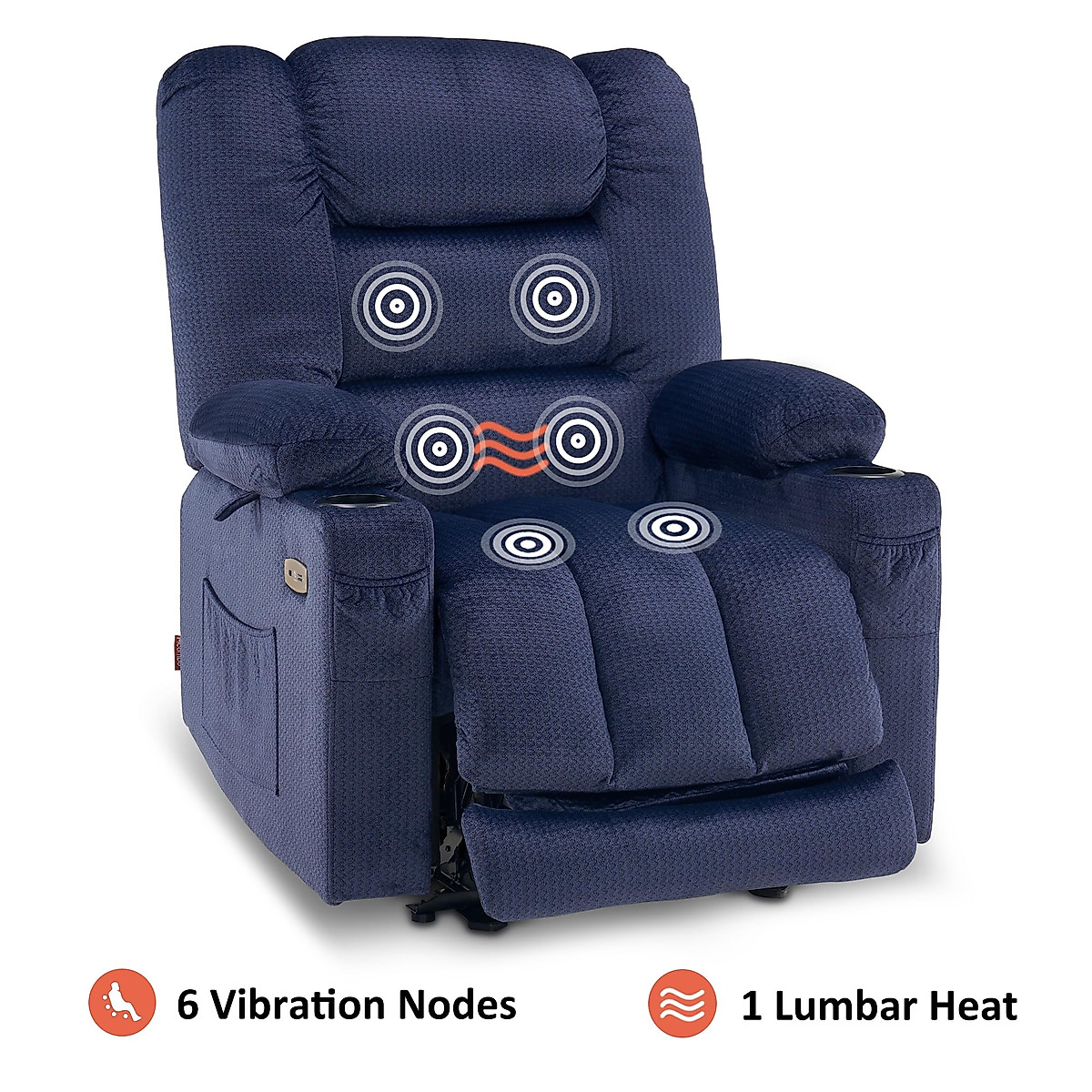 MCombo Electric Power Recliner Chair with Heat and Massage, USB Ports, Cup Holders, Powered Reclining for Living Room 6079 (Navy Blue Medium 22.2" Seat Width)