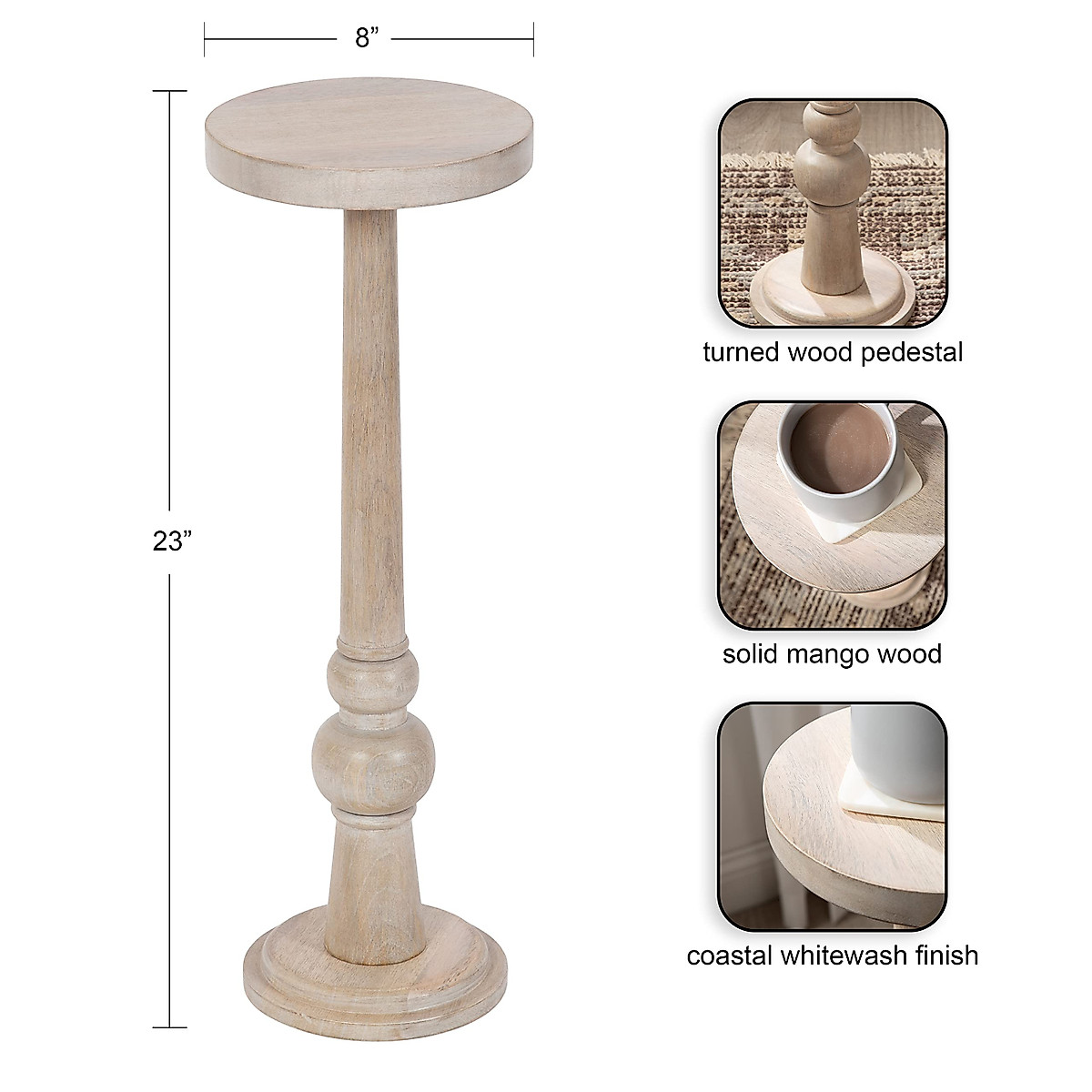 Kate and Laurel Wegner Coastal Wooden Round Drink Table, 8 x 23, Whitewash, Elegant and Durable Pedestal Table for Use as Small Drink Table, Plant Stand, or Decorative Item Display