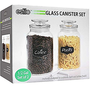 estilo Round Glass Canister Jars With Airtight Lids Ideal for Cookies, Candies, Cereal, Includes Chalkboard Labels And Chalk-1/2 Gallon (Set of 2), Clear