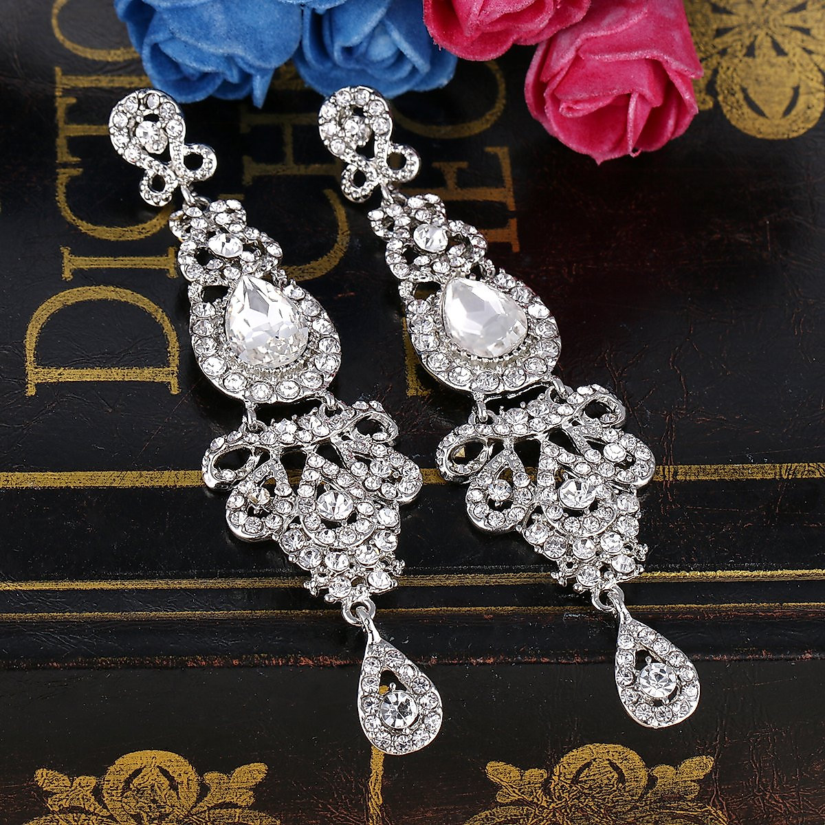 BriLove Women's Wedding Bridal Crystal Art Deco Long Chandelier Dangle Earrings Clear Silver-Tone
