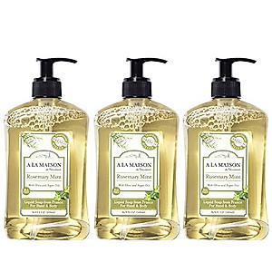 A LA MAISON Rosemary Mint Liquid Hand Soap - Triple French Milled Natural Moisturizing Soap (3 Pack, 16.9 oz Bottle)