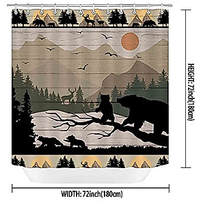 Dia Magico 4PCS Black Bear Shower Curtain Set with Rugs, Sun Mountain Birds Deer Elk Moose Wildlife Hunting Cabin Lodge Pine Tree Woodland Country Rustic Farmhouse Bathroom Decor, Mother Bear & Cubs
