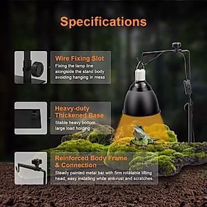 Simple Deluxe Reptile Lamp Stand Metal Floor Light Holder Basking Lamp-Holder Lamp-Support Bracket, Height Adjustable for Glass Terrarium Heating-Light, Amphibian and Aquarium Tank