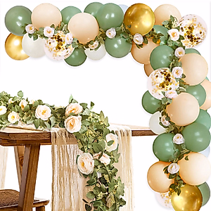 pugkloy 6.56ft Artificial Eucalyptus Garland with Fake Rose Flower Vine Seeded Eucalyptus Leaves and Sage Green Blush Nude Balloons, for Wedding Baby Bridal Shower Birthday Safari Party Decorations