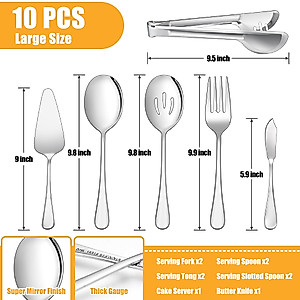 E-far Large Serving Utensils Set of 10, Stainless Steel Serving Spoon, Slotted Spoon, Fork, Tong, Cake Server and Butter Knife for Parties Buffet Banquet Kitchen, Mirror Finish & Dishwasher Safe