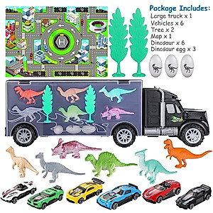 Dinosaur Toys Tools Set, 19 Dinosaurs Car Carrier Truck Toy, Including 1 Truck, 6 Mini Cars, 6 Dinosaurs, 3 Dinosaur Eggs, Dinosaur Truck Toys