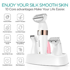 VOGOE Electric Razors for Women 5 in 1 Bikini Trimmer Rechargeable Lady Foil Shaver for Leg Underarms Face, Wet and Dry Body Hair Removal, Cordless Waterproof ES500