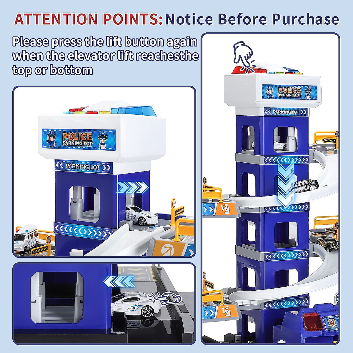 Car Garage Playset for 1:64 Police Cars, Racing Cars & Helicopter, Car Parking Playsets Toy with Elevator Parking Lot for Toddlers 1-3, Car Track for Kids Build Up to 5 Levels with 24 Parking Spaces