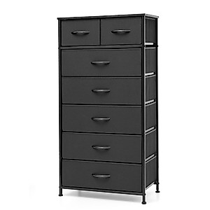 Pellebant Dresser for Bedroom with 7 Drawers, Tall Dresser Vertical Storage Tower, Sturdy Metal Frame, Fabric Storage Bins with Plastic Handle, Wooden Top, Organizer Unit for Closet/Hallway, Black