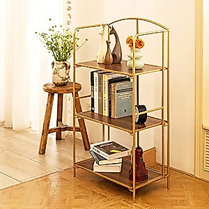 Crofy No Assembly Folding Bookshelf, 3 Tier Gold Bookshelf, Metal Book Shelf /Bookcase for Office Organization and Storage, 12.6 D x 22.44 W x 42.13 H Inches
