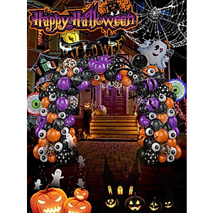 187Pcs Halloween Balloons Arch Garland Kit, 12 Inches Black Orange Purple Halloween Balloons Ghost Eyes House Spider Web Bat Decorations Inflatable Foil Balloon, Indoor Outdoor Halloween Decor Party