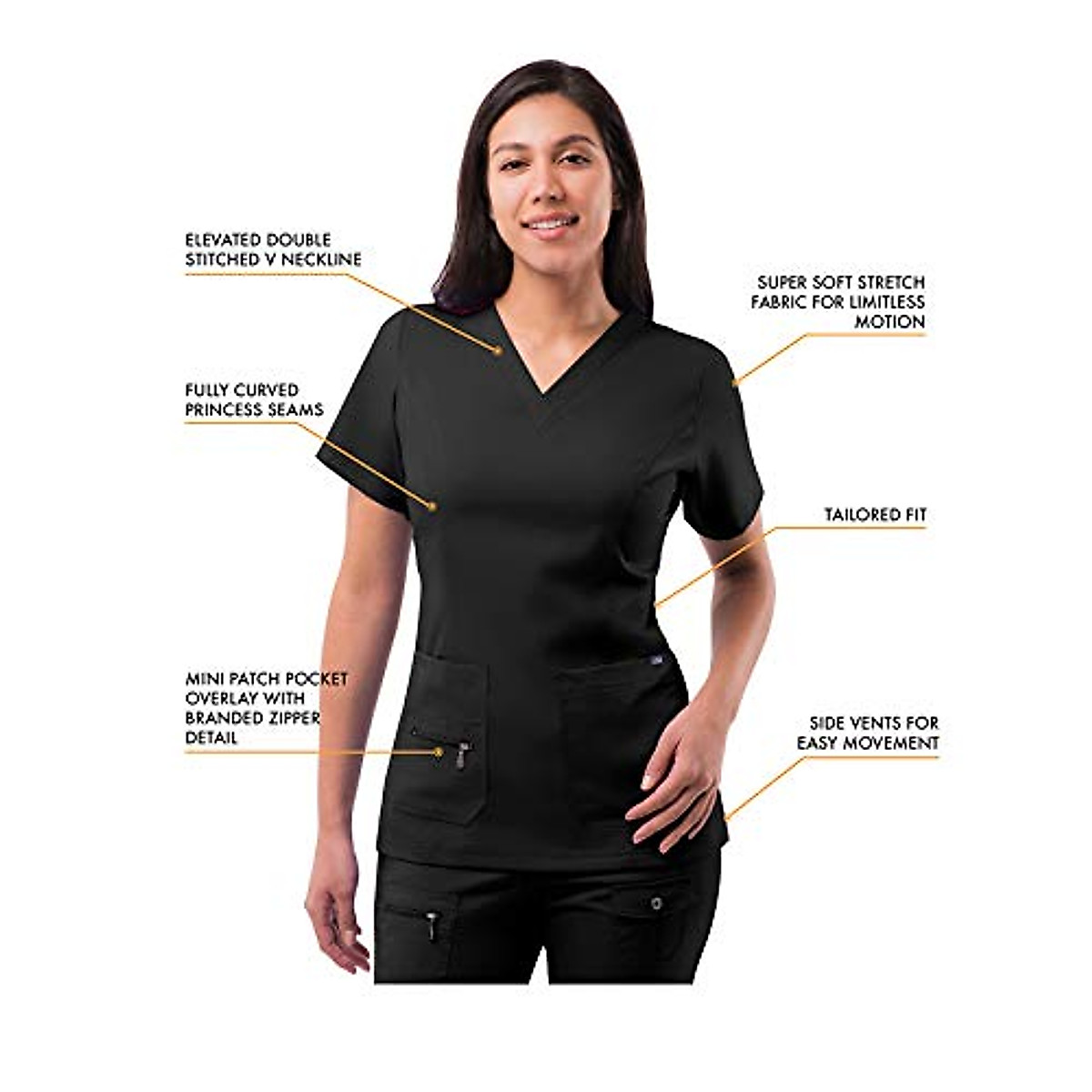 Adar Pro Breakthrough Plus Scrub Set for Women - Enhanced V-Neck Top & Multi Pocket Pants - 4400 - Black - S