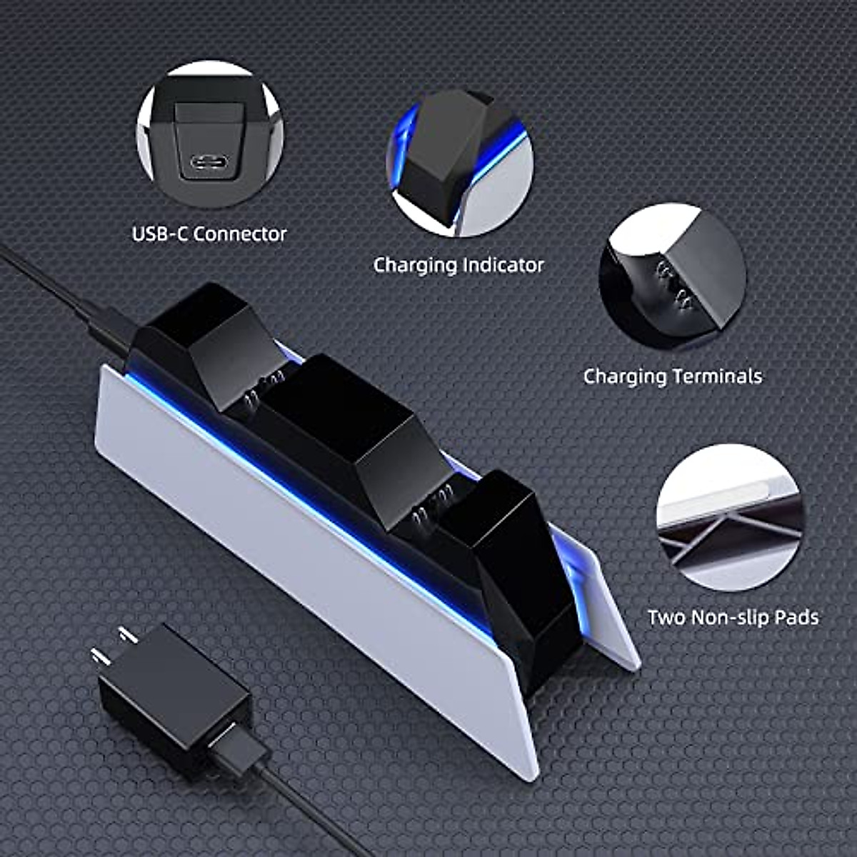 PS5 Controller Charging Station with Fast Dual Charging Dock PS5 Charger for Playstation 5 Dualsense Wireless Controller Accessories, Blue LED ON/Off Automatically When Charging and Fully Charged