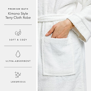 Fishers Finery Women's Short Cotton Terry Bathrobe - NEW & IMPROVED FABRIC (White, M)