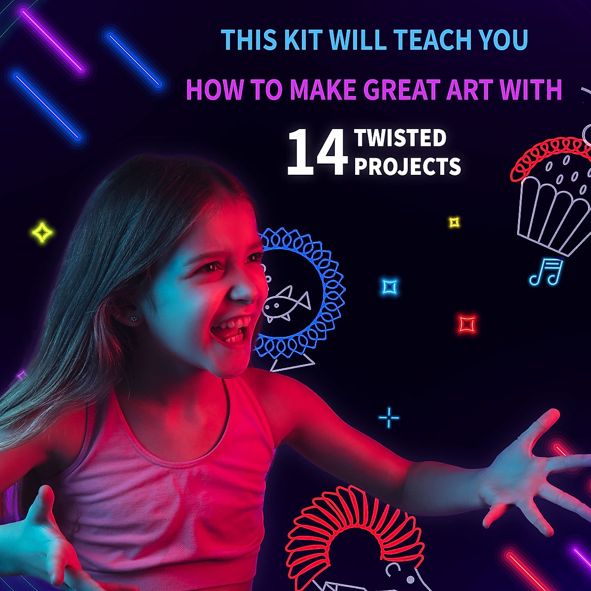 SpiceBox Spiral Art Drawing Kit for Kids, Neon Art Set, Stencil Draw Tools Children’s Creative Activities, 14 Twisted Projects, Step by Step Instruction, Age Range 8+