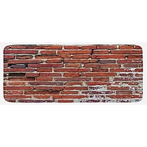 Lunarable Brick Wall Kitchen Mat, Worn Out Brick Wall Design Ornamental Vintage Architecture Pattern Print, Plush Decorative Kitchen Mat with Non Slip Backing, 47" X 19", Redwood Beige