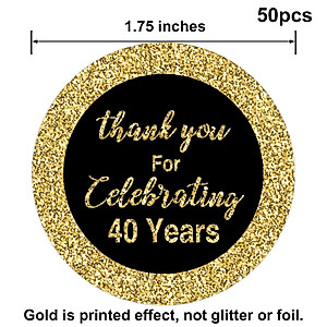 40th Birthday Thank You Stickers, Black and Gold 40th Birthday Favors, 40th Birthday Stickers, Thank You for Celebrating 40 Years Stickers, 1.75 Inch Round Circle Label Stickers, Pack of 50.