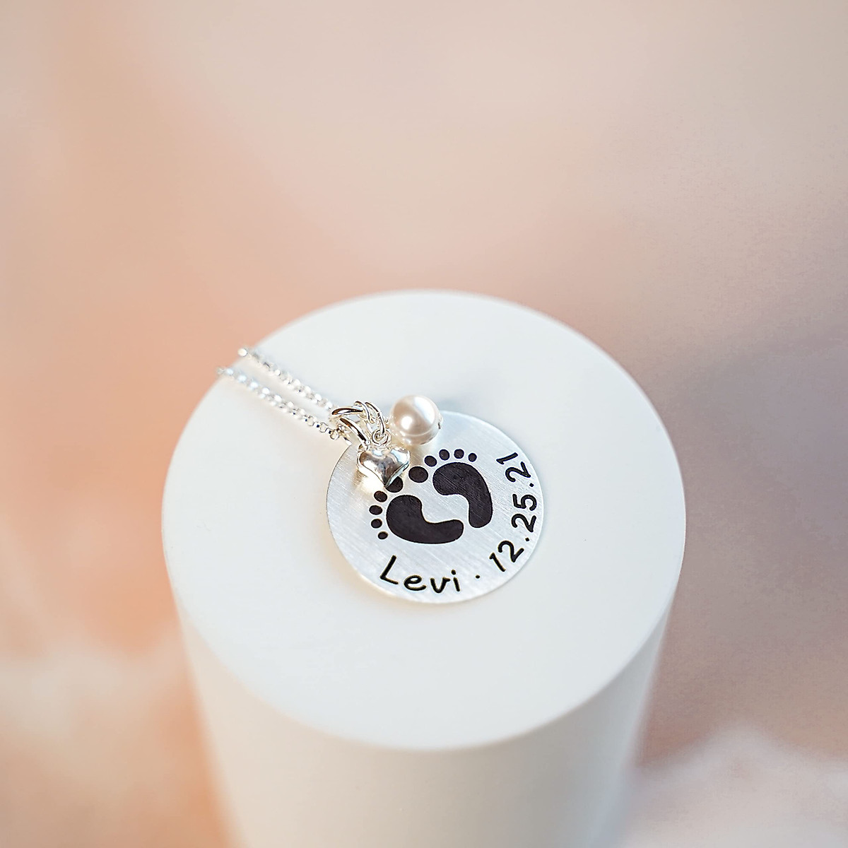 Baby Footprint Personalized Sterling Silver Name Necklace. Customize with Child's Name, Date or Special Wording, Engraved with Solid Baby Feet. Choice of Sterling Silver Chain. Gifts for Her, New Mom