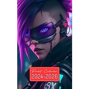Pocket Calendar 2024-2026: Two-Year Monthly Planner for Purse , 36 Months from January 2024 to December 2026 | Modern cyberpunk style anime character | Scar