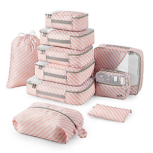 OlarHike Travel Essentials ALL INCLUDED 10 Set Sturdy Packing Cubes for Suitcases, UPGRADED Anti-Tear Stitching, NEW Improved Luggage Packing Organizers for Travel Accessories(Pink stripes)